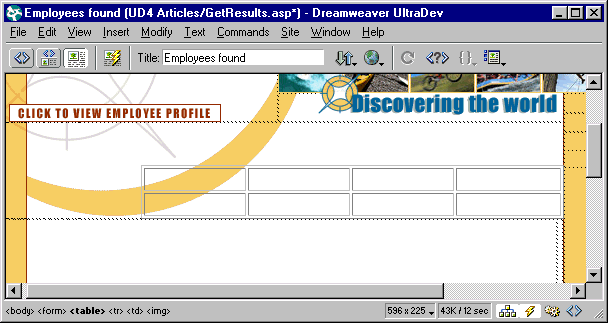 Macromedia Dreamweaver UltraDev- Building a simple database search feature: Adding an HTML table ...