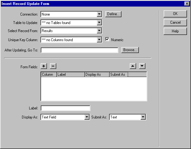 Macromedia Dreamweaver UltraDev- Building an update page using a live object: Completing the ...